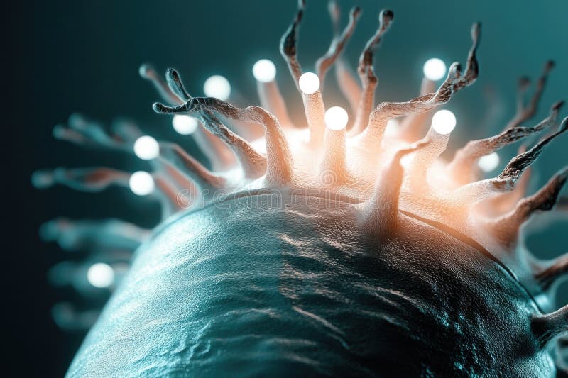 Close-up Image of Virus Structure Showing Spikes and Glowing Lights ...