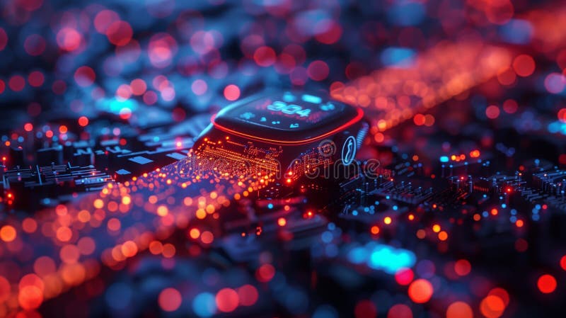 Wearable Biosensor on Circuit Board with Red and Blue Lights Stock ...