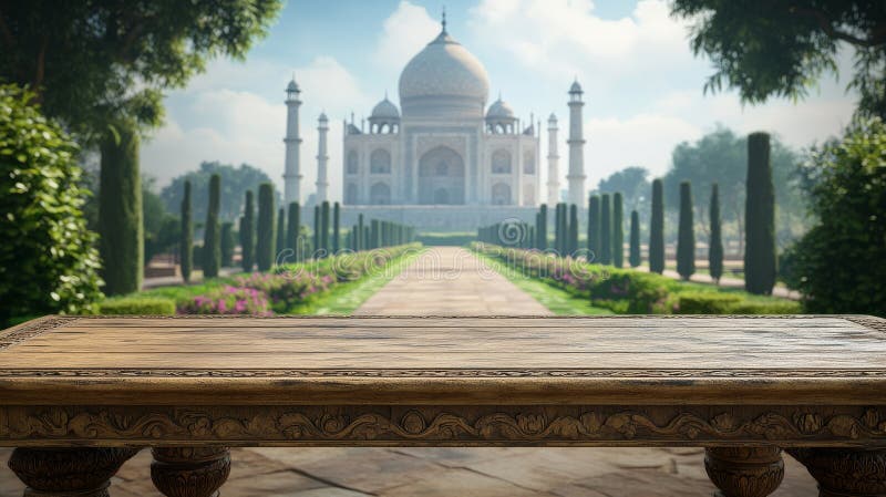 A Close-up Image of a Weathered Wooden Table, with the Taj Mahal Softly ...