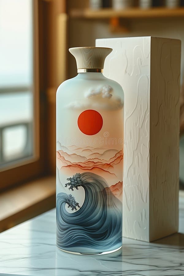 A White Ceramic Bottle with a Hand-Painted Japanese Wave Design and Red ...