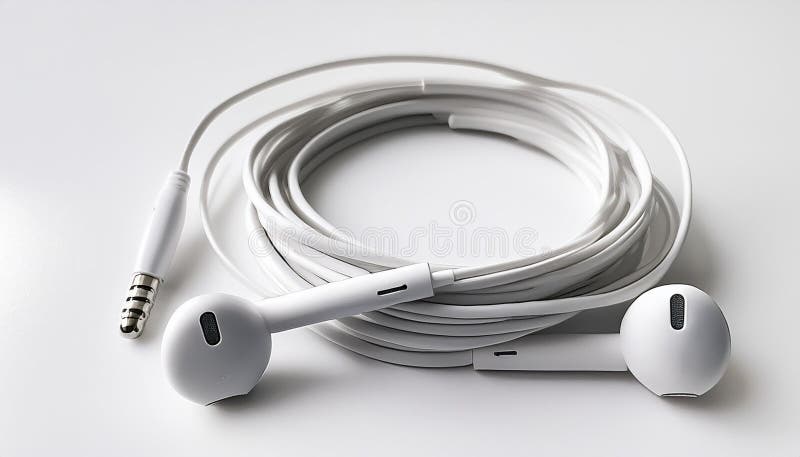 White Wired Earbuds with Coiled Cable on White Background Stock ...