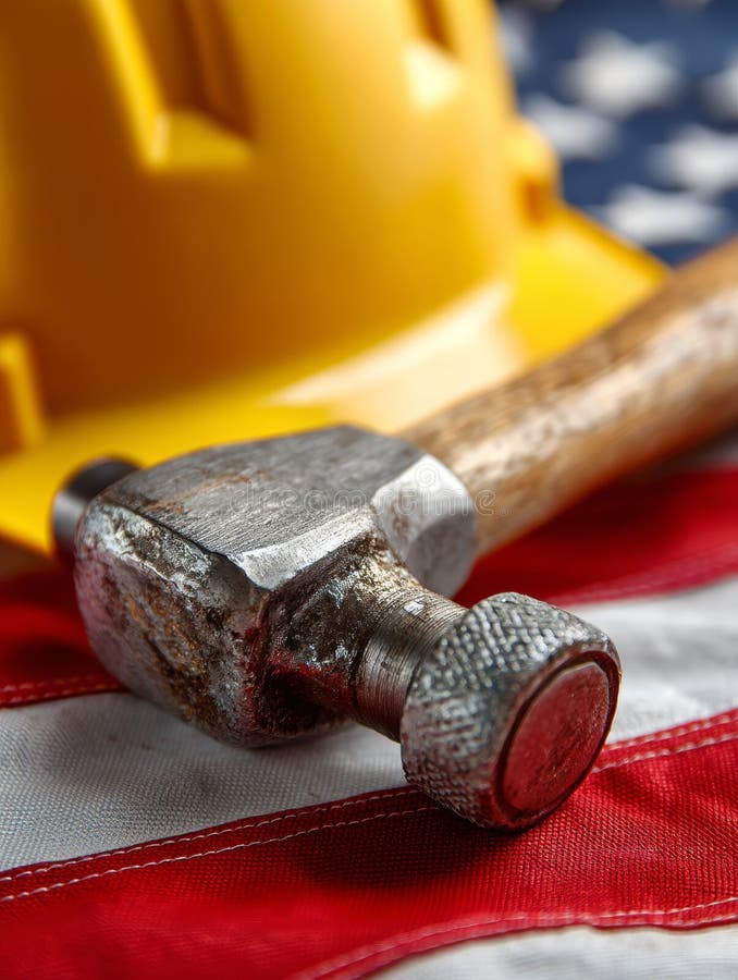 Hard Hat and Hammer on American Flag Background Symbolizing ...