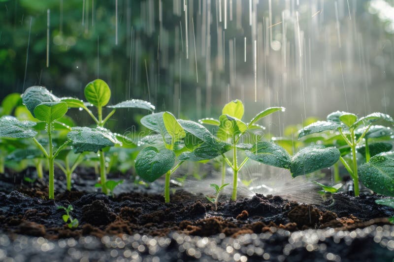 Young Green Plants Being Watered by Rain in a Garden Stock Image ...