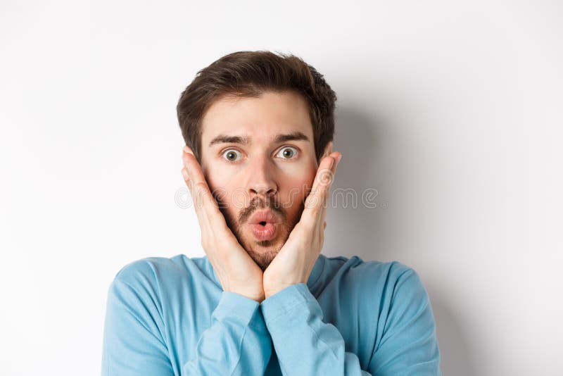 Close-up of Impressed Man Checking Out Special Offer, Saying Wow and ...