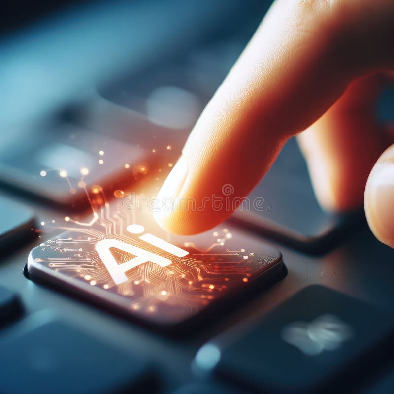 Close Up Index Finger Pressing Computer Key with AI Word and Symbol ...