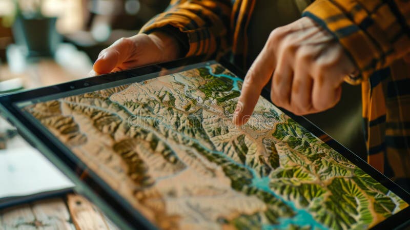 A Person Uses a Tablet To Analyze a Detailed Topographic Map for ...