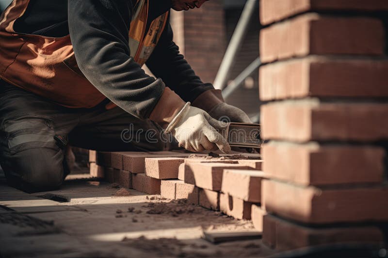 Close Up of Industrial Bricklayer Installing Bricks on Construction ...