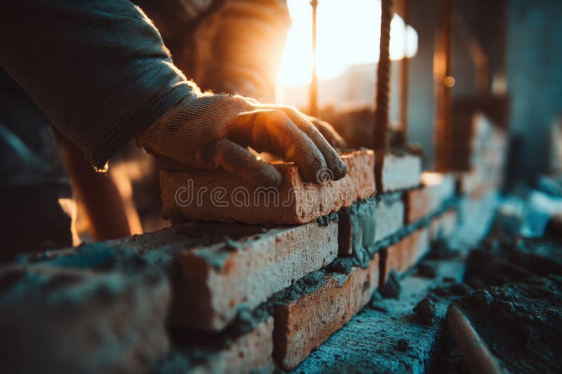 Close Up of Industrial Bricklayer Installing Bricks on Construction ...
