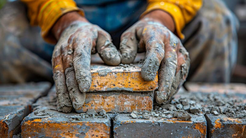 Close Up of Industrial Bricklayer Worker Installing Bricks on ...