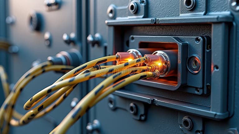 Close-up of Industrial Cables Connected To Power Socket with Glowing Lights Stock Image - Image ...