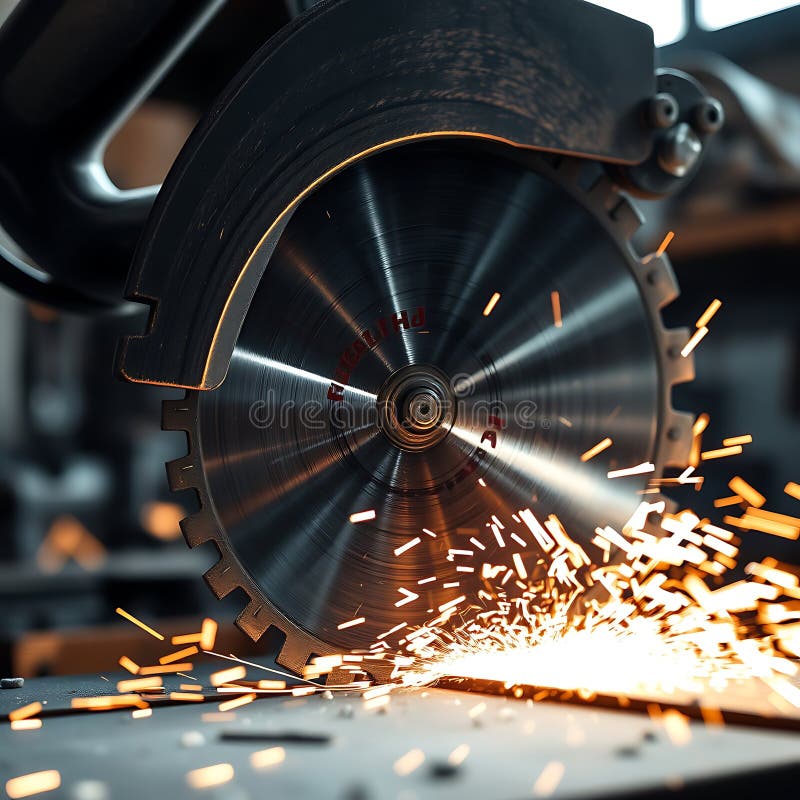 Close Up of an Industrial Circular Saw Blade Spinning with Sparks ...