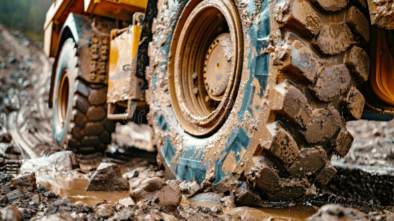 Close-up of Industrial Construction Machine Wheels Deep in Mud on a ...