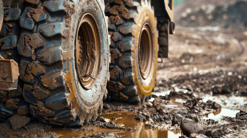 Close-up of Industrial Construction Machine Wheels Deep in Mud on a ...