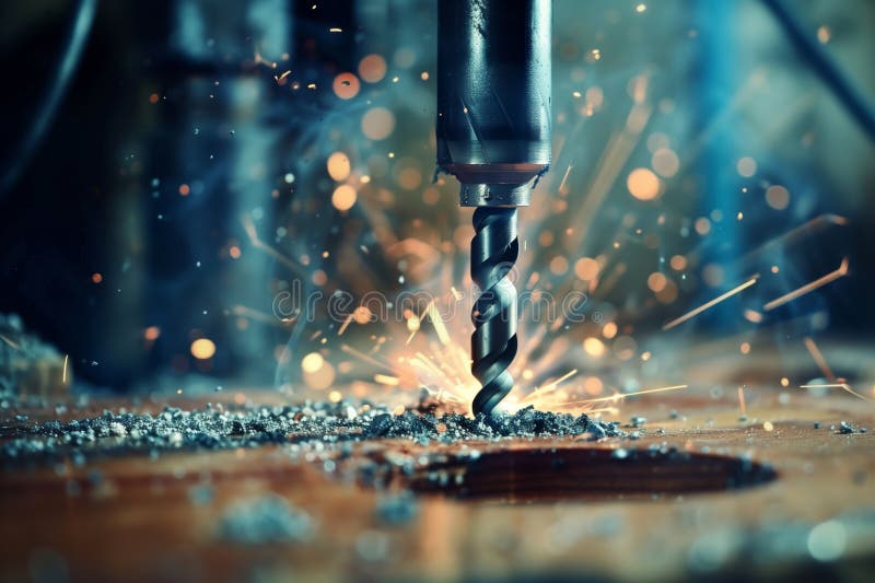 Close Up of an Industrial Drill with a Steel Bit, on a Wood Table in ...