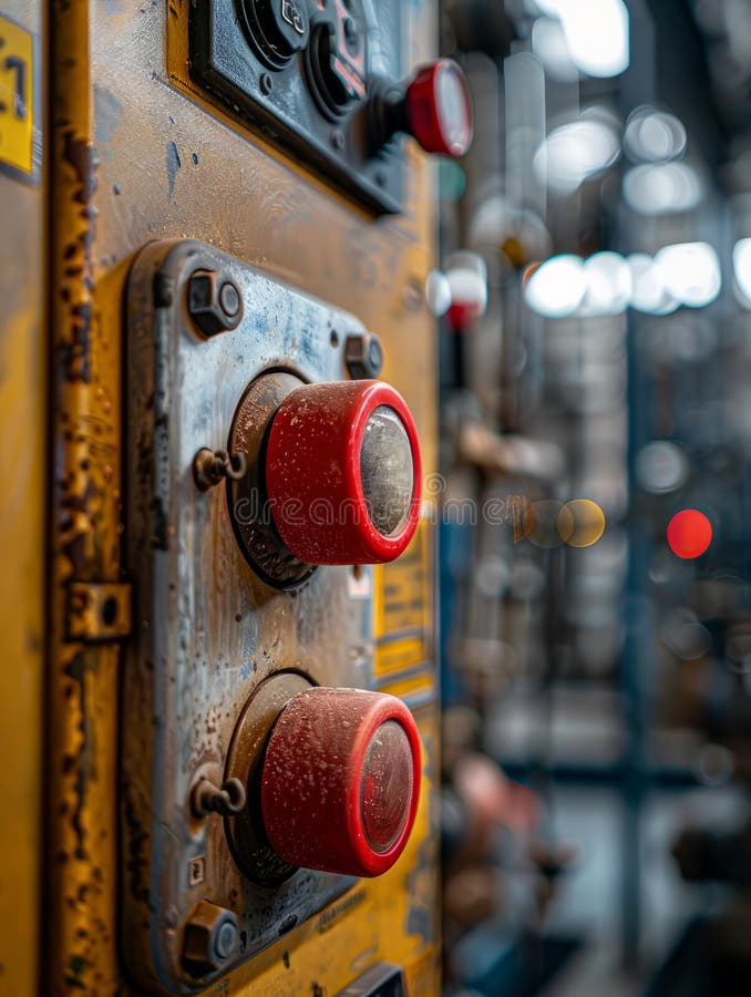 Close-up of Industrial Machine Control Panel with Red Buttons. Stock ...