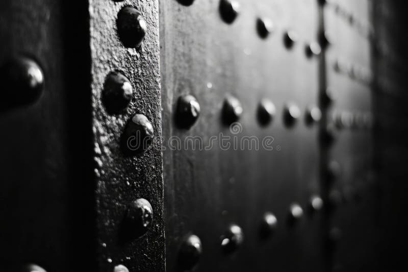 Close-up of Industrial Metal Surface with Black Rivets in Low Light ...