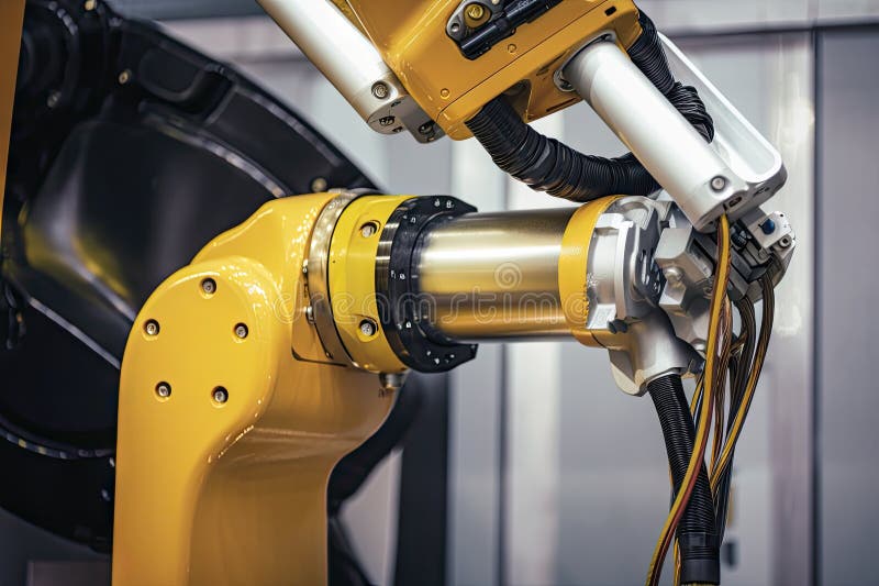 Close-up of Industrial Robot Arm Being Serviced, with Wires and Cables ...