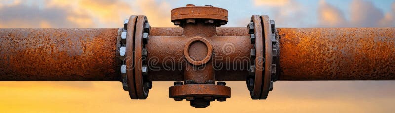 Close-up of an Industrial Rusty Pipeline Valve Under a Dramatic Sunset ...