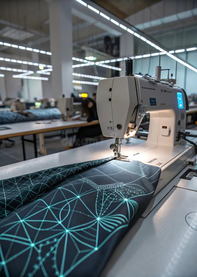 Close-up of Industrial Sewing Machine in Factory Assembling Fabric with ...