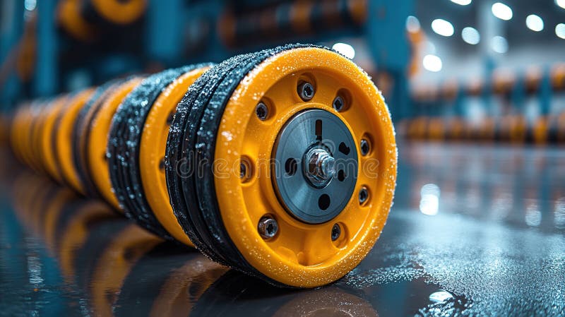 Close-up of Industrial Yellow Rollers with Black Rubber Rings on a ...