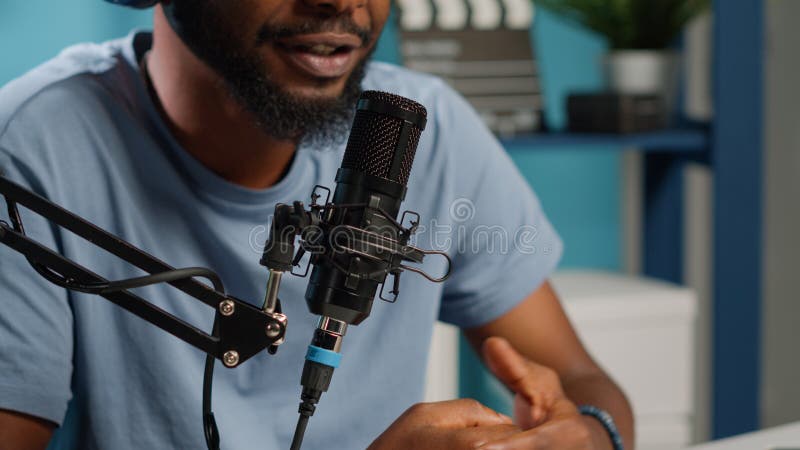 Close Up of Influencer Using Microphone To Talk on Online Podcast Stock ...