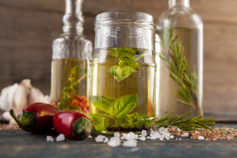 Close Up of Ingredients by Herb with Oil in Container Stock Image ...