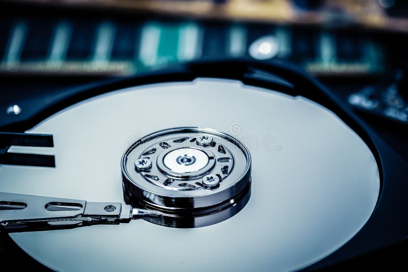 Close Up Inside of Hard Disk Drive. Blue Tone Image Stock Image - Image ...