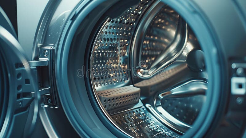 Close Up Inside View of a Clean, Empty Washing Machine Drum with Chrome ...