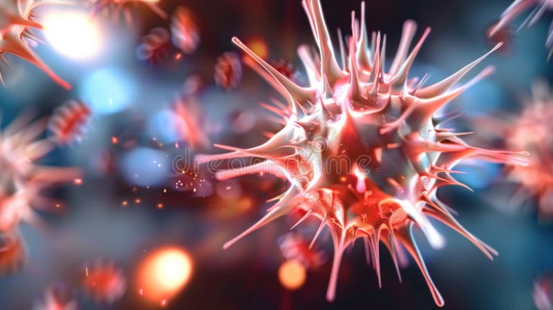 Close-up of Intense Red Virus with Spikes Against Blurry Blue ...