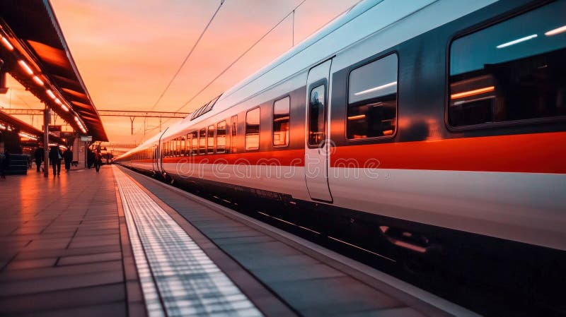 Close-Up of Intercity Train at Sunset with Glowing Interior Lights ...