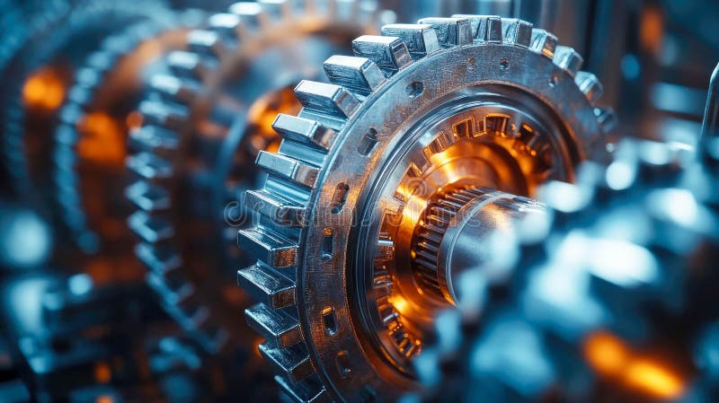 Close-up of Interconnected Gears in Motion, Glowing with Industrial ...