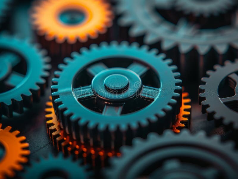 Close-up of Interlocking Black and Orange Metal Gears, Symbolizing ...