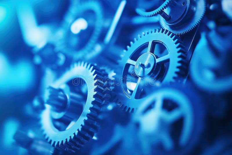 Close Up of Interlocking Blue Gears in Motion with Industrial and ...