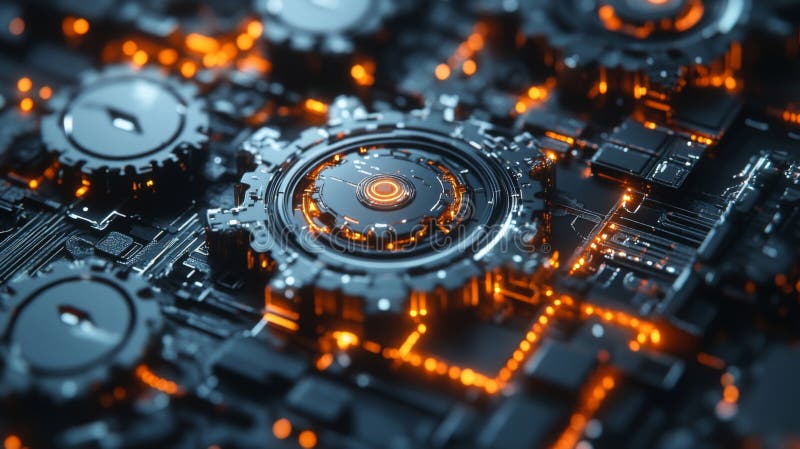 Close Up of Interlocking Gears and Circuit Board with Orange Lighting ...