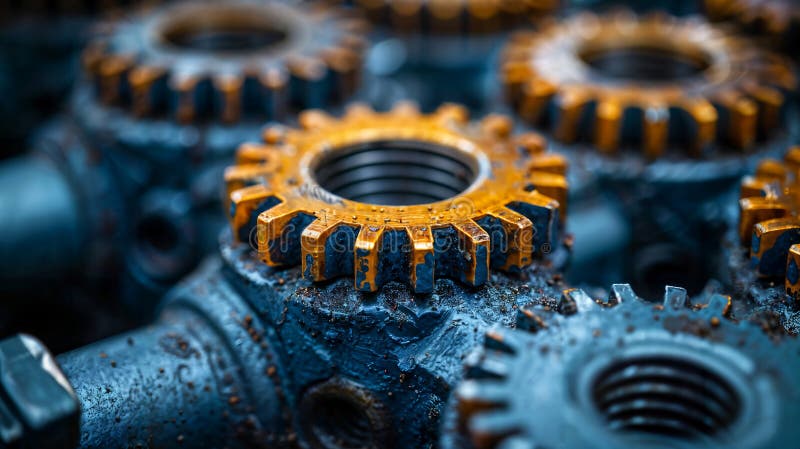 Close-Up of Interlocking Gears with Golden Teeth in Industrial Setting ...