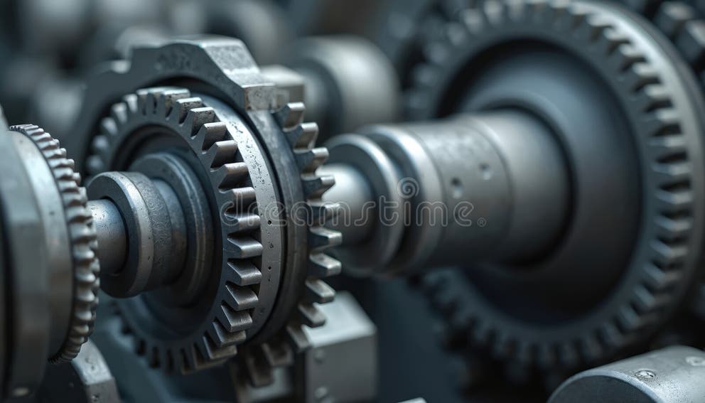 Close-up of Interlocking Gears Rotating in Complex Machinery. Metallic ...