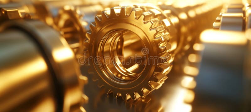 Close-Up of Interlocking Metallic Gold Gears, Industrial Background ...