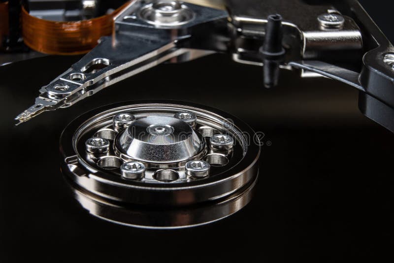 Close-up of the Internals of a Hard Drive. Rotating Hard Disk Platters ...