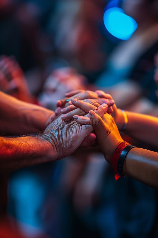 Close-Up of Intertwined Hands during a Group Prayer in a Lit Venue ...