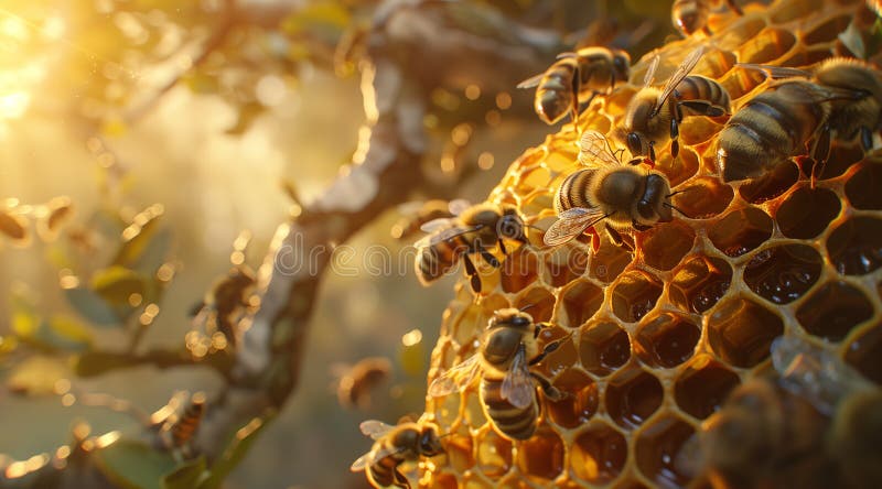 Close-up of Intricate Beehive with Vibrant Honeycombs in Sunlit Setting ...