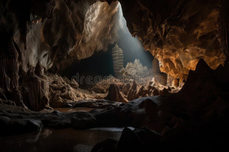 Close Up Of Intricate Cave Spelunking Formations With Flashlight Beam Illuminating The Scene