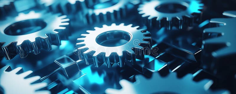 Closeup of Intricate Metallic Gears Reflecting Blue Light Showcasing Engineering Precision and ...