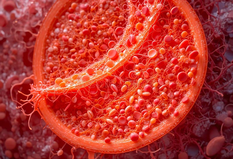 Close-up of Intricate Red and Orange Cell Structures Under a Microscope ...