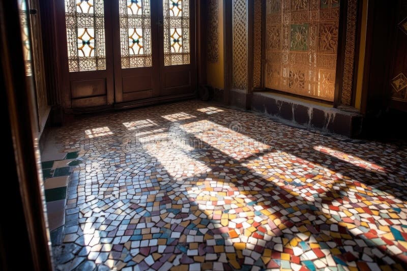 Close-up of Intricate Tile Mosaic on Floor, with Sunlight Shining ...