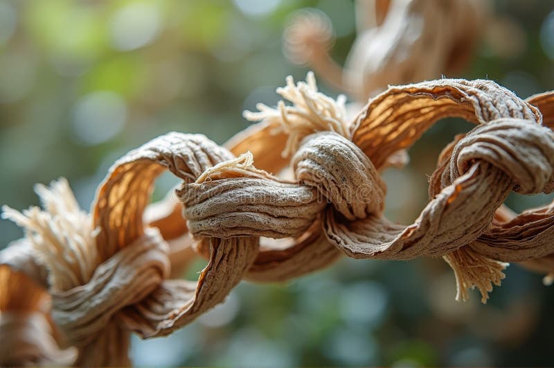 Close-up of Intricately Braided Natural Rope Against Blurred Green ...