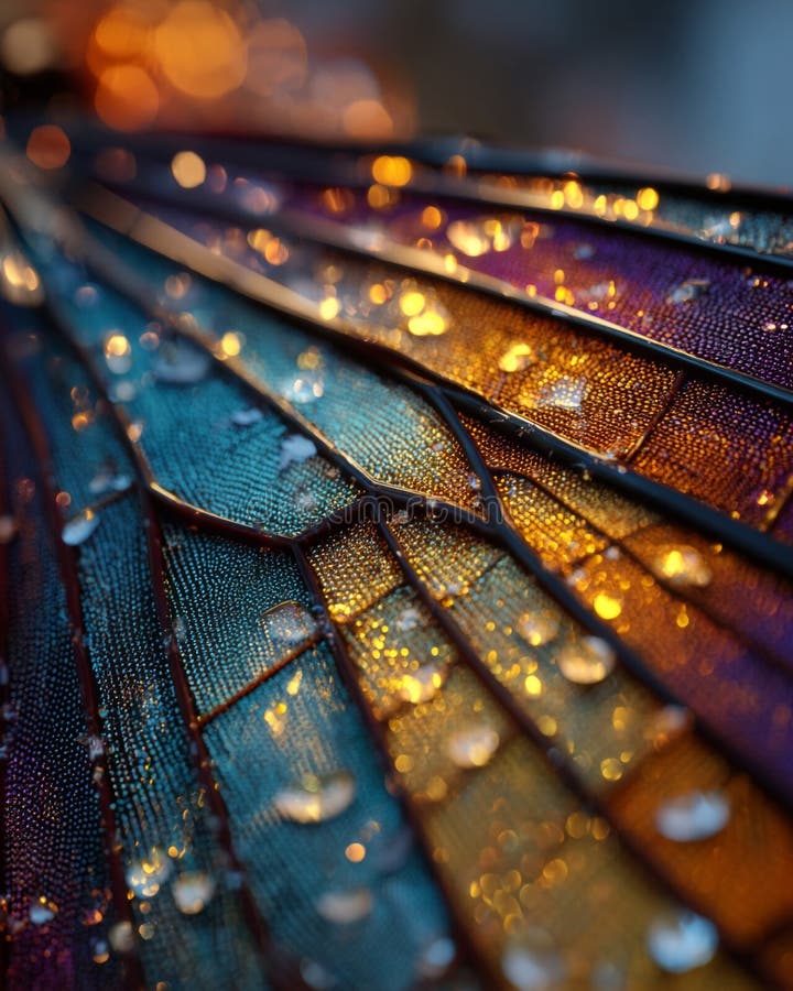 Close-Up of an Iridescent Insect Wing with Water Droplets Stock ...