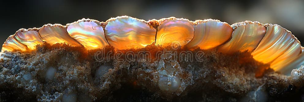 A Close Up of Iridescent Shells Attached To a Rough Surface with Light ...