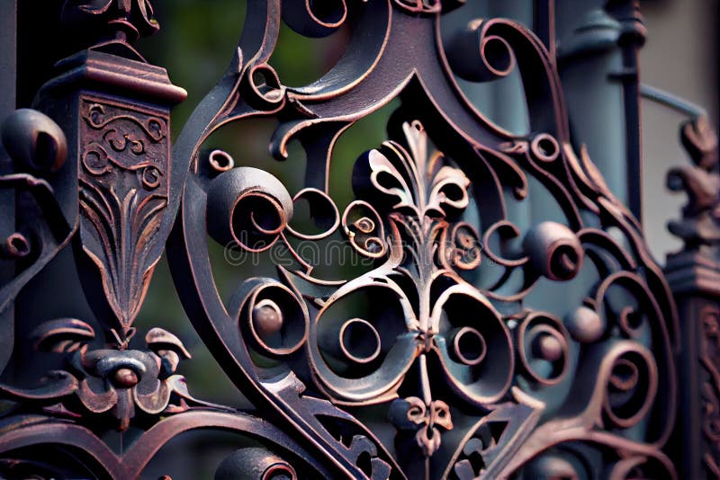 Iron Mansion Gates with Intricate Scrollwork, Surrounded by Lush ...