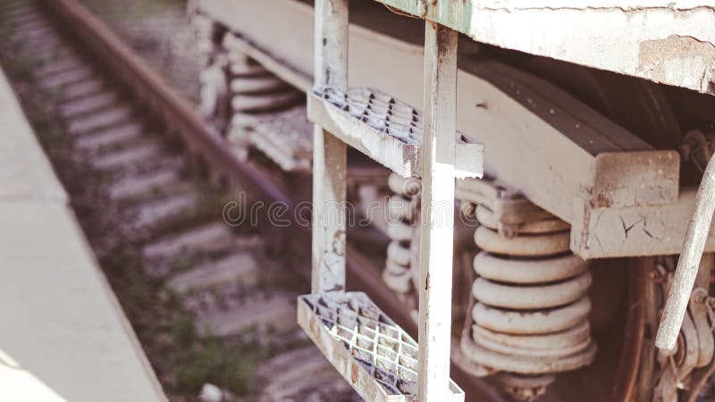 Close Up of Iron Steps of Freight Train on Railway Tracks in Industrial ...
