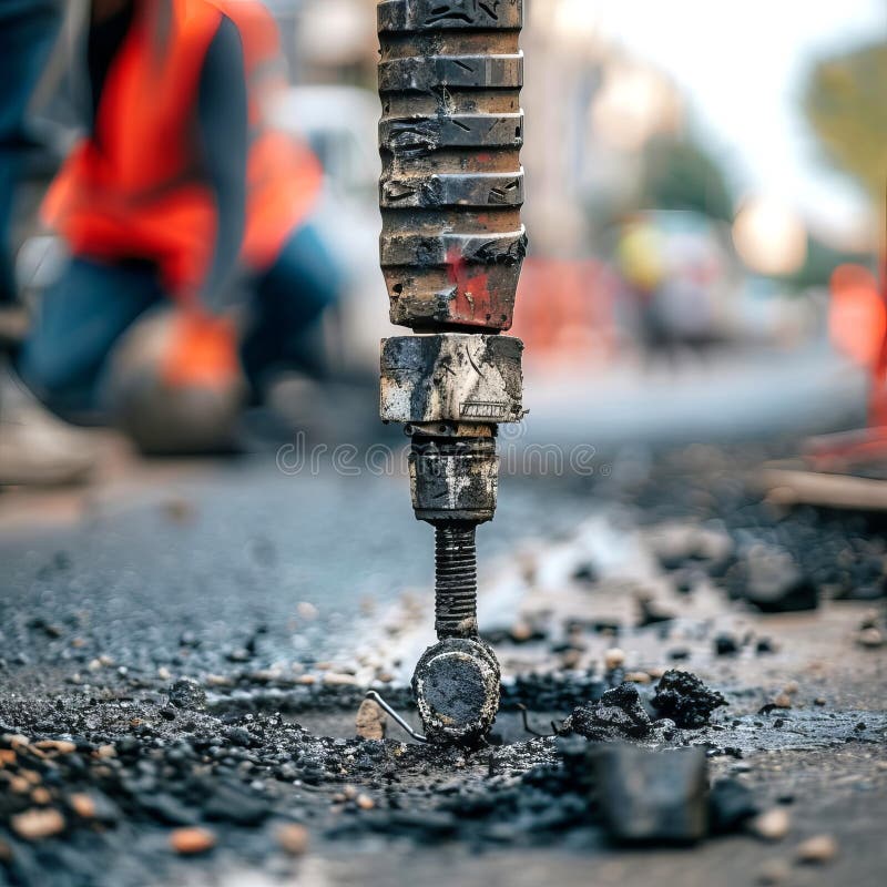 Close-Up of Jackhammer Breaking Asphalt with Workers in Background ...